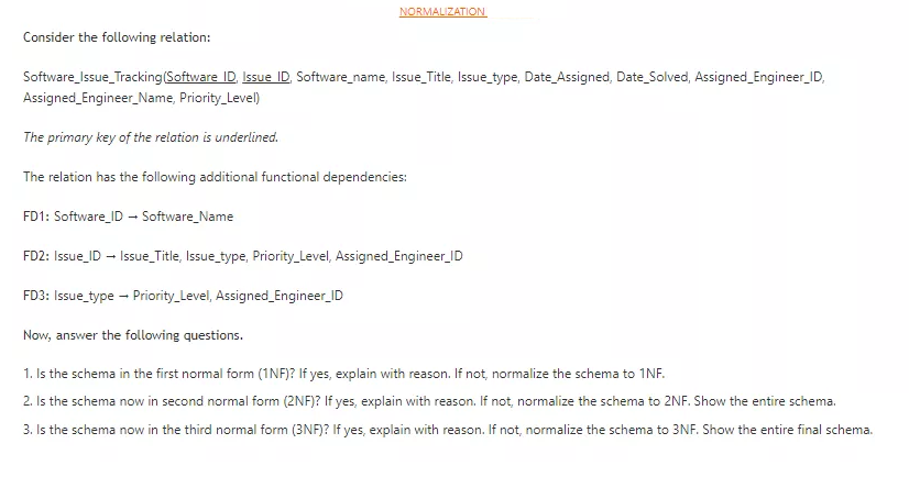 Solved NORMALIZATION Consider the following relation: | Chegg.com