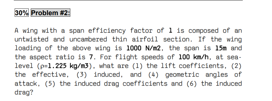 Solved 30% Problem #2: A wing with a span efficiency factor | Chegg.com