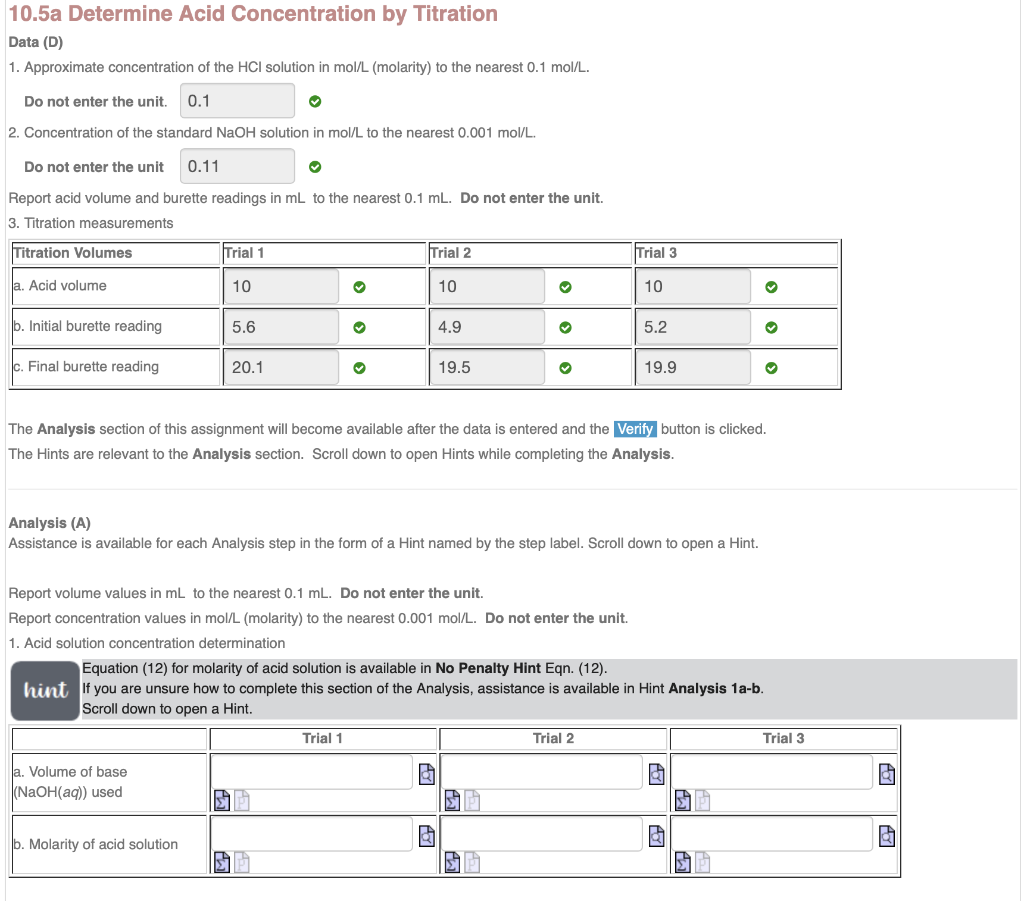 Solved 10.5a Determine Acid Concentration by Titration Data | Chegg.com