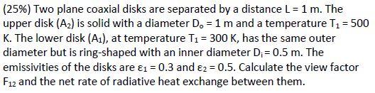 Solved (25%) Two plane coaxial disks are separated by a | Chegg.com