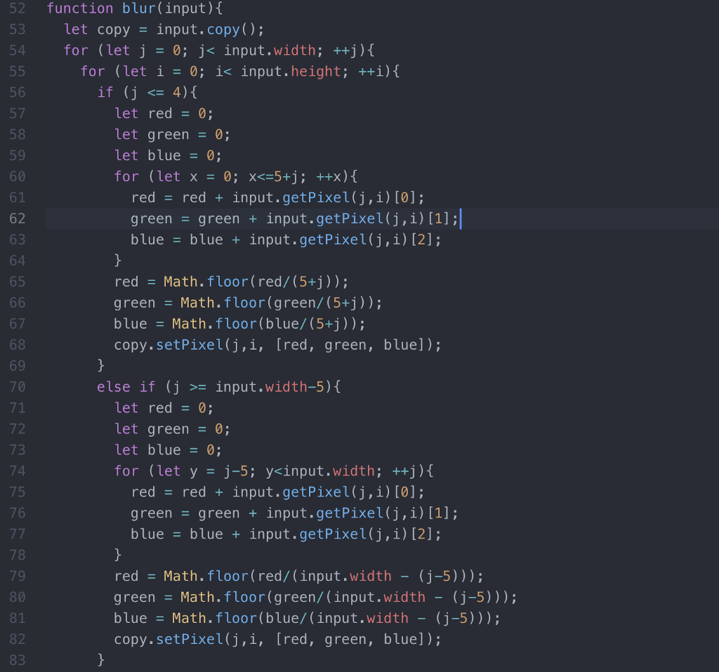 Solved 52 function blur(input) 53 et copyinput.copy) 54 for | Chegg.com