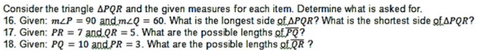 Solved Consider the triangle APQR and the given measures for | Chegg.com
