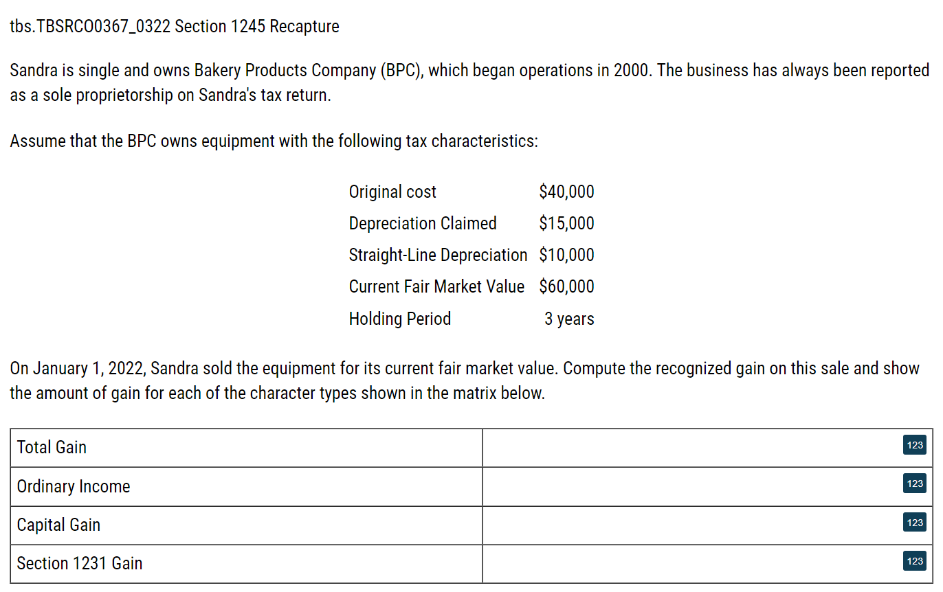 Solved tbs.TBSRC00367_0322 Section 1245 Recapture Sandra is | Chegg.com