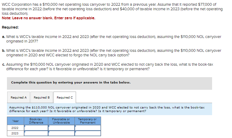 Solved WCC Corporation has a $110,000 net operating loss | Chegg.com