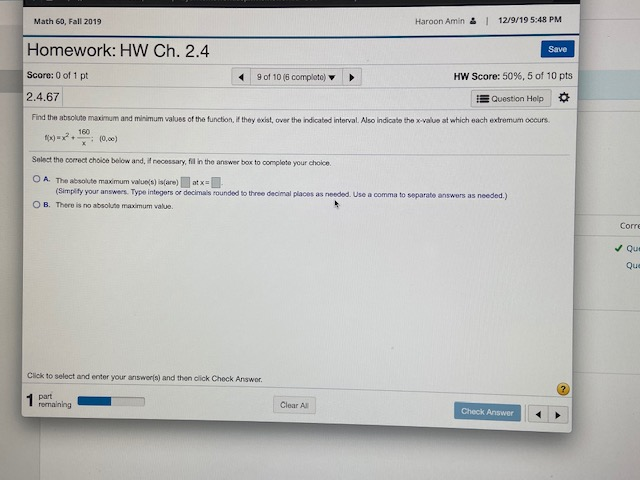 Solved 12/9/19 5:48 PM Math 60, Fall 2019 Haroon Amin &I | Chegg.com