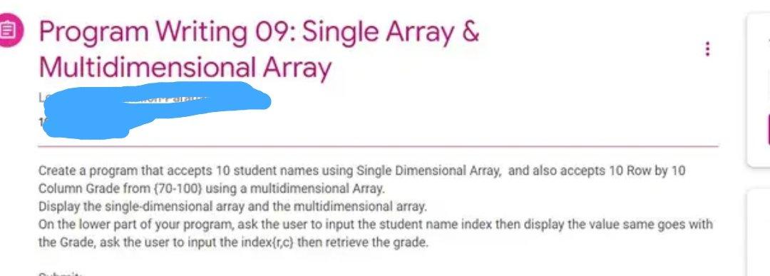 Solved Program Writing 09: Single Array & Multidimensional | Chegg.com