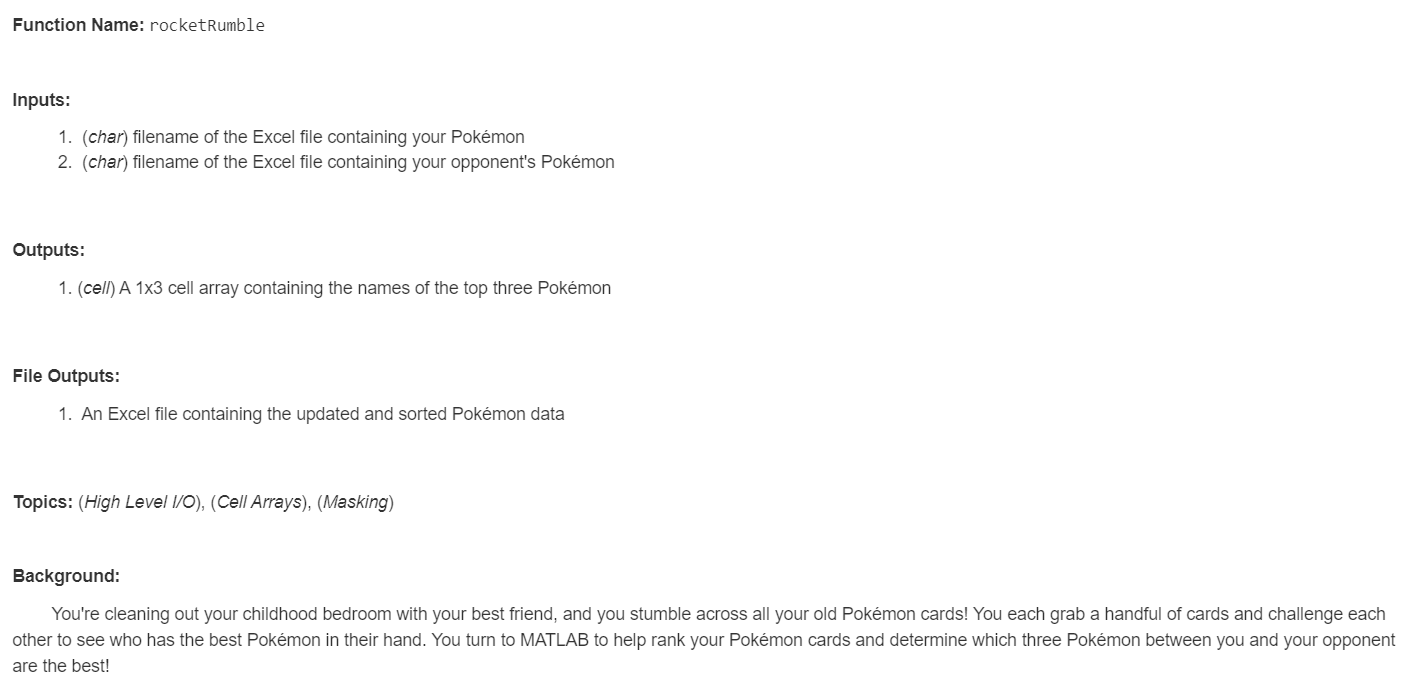 Function Name: rocketRumble Inputs: 1. (char) | Chegg.com