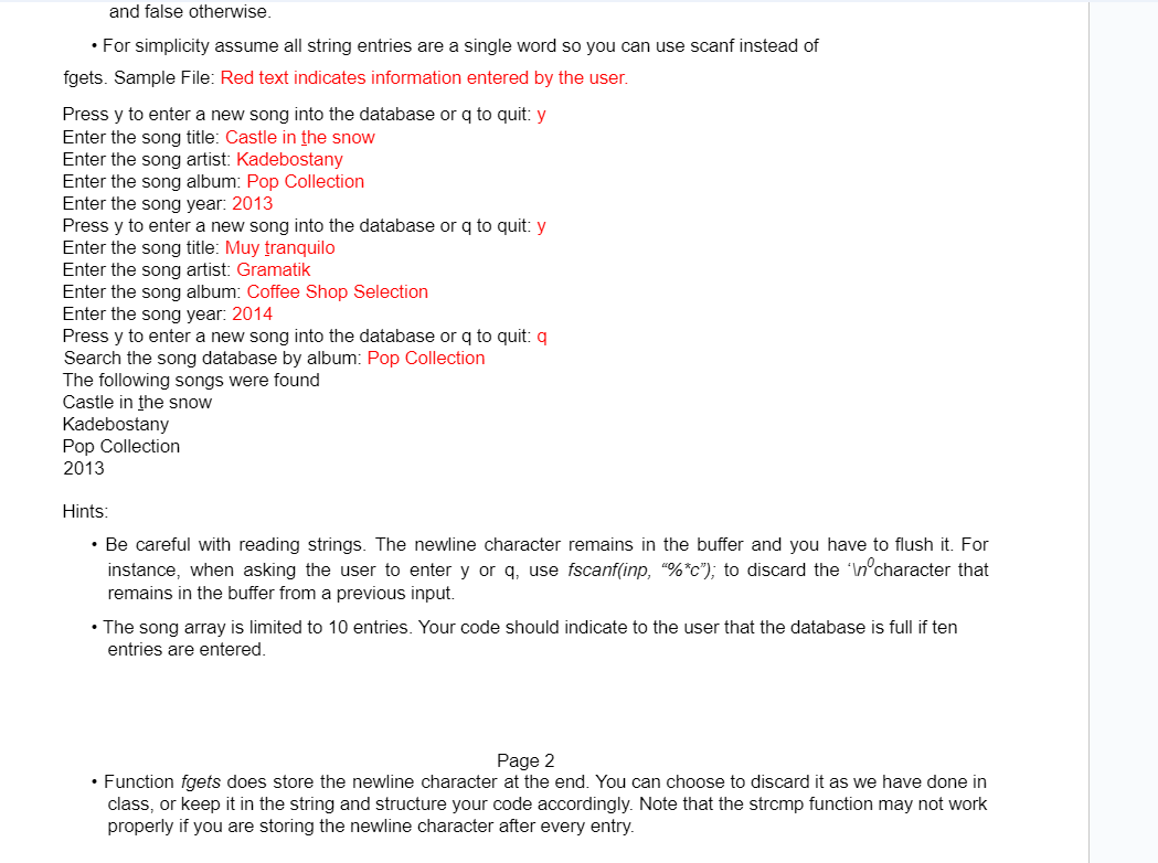 Solved You are to create a song database that stores | Chegg.com