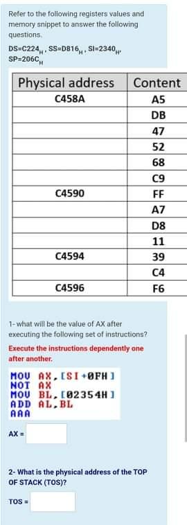 Solved Refer to the following registers values and memory | Chegg.com