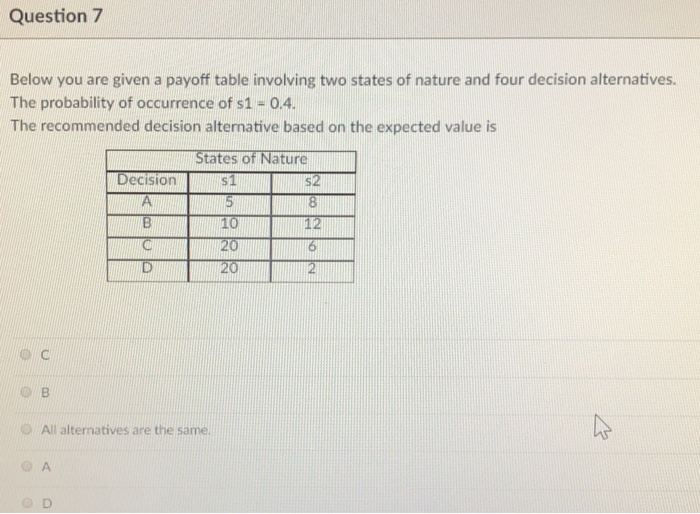 Solved Question7 Below you are given a payoff table | Chegg.com
