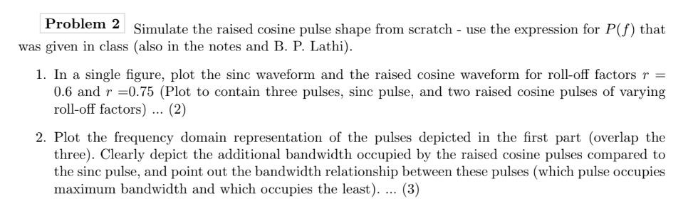 Solved Simulate the raised cosine pulse shape from scratch - | Chegg.com