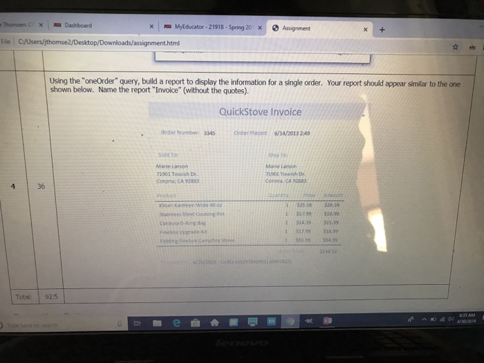 Thomsen: CDashboard | ml MyEducator-21918-Spring 20 × | Chegg.com