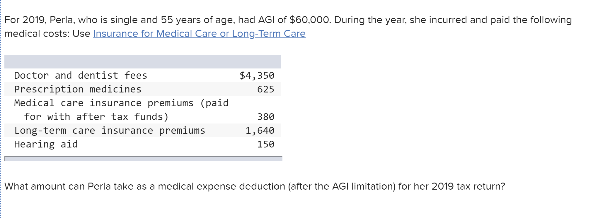 Solved For 2019, Perla, who is single and 55 years of age, | Chegg.com