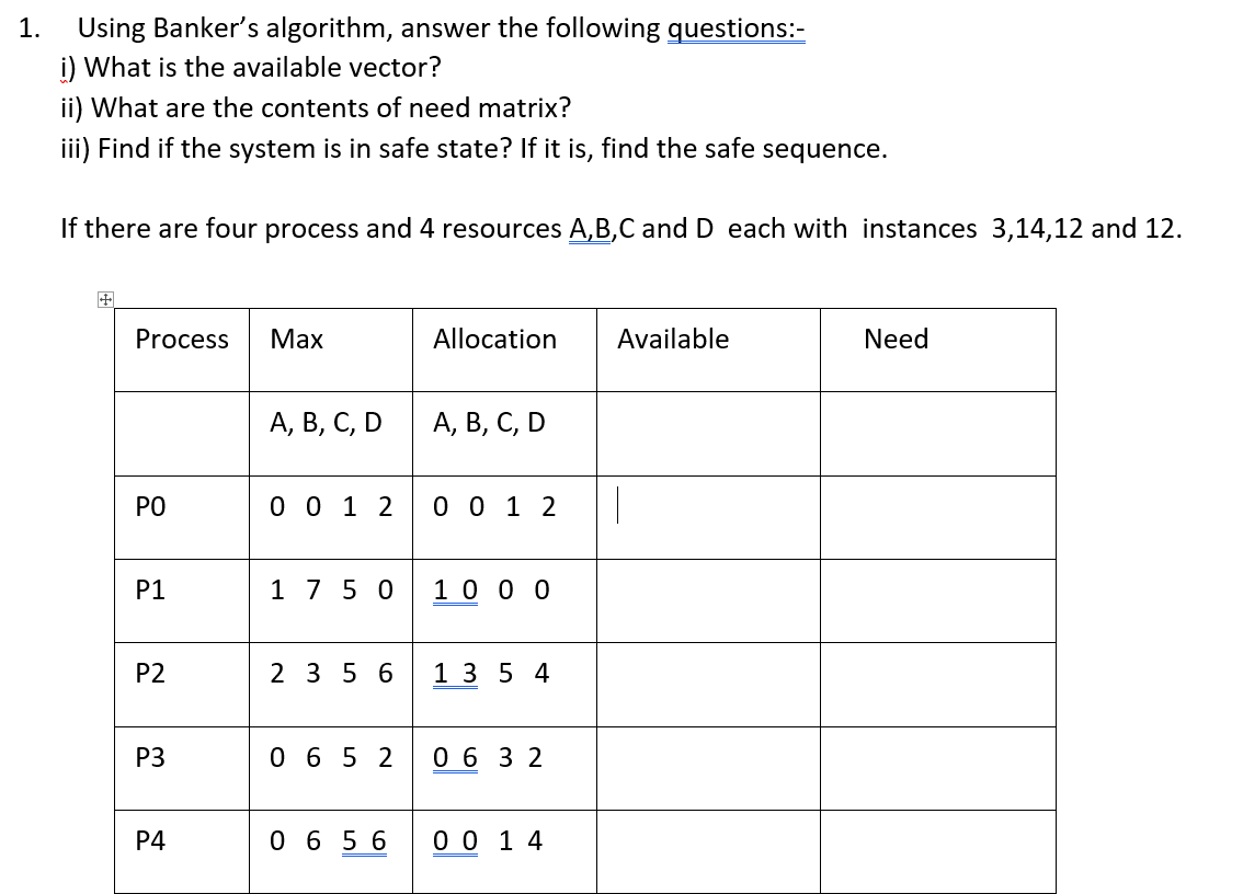 Solved 1. Using Banker's algorithm, answer the following | Chegg.com