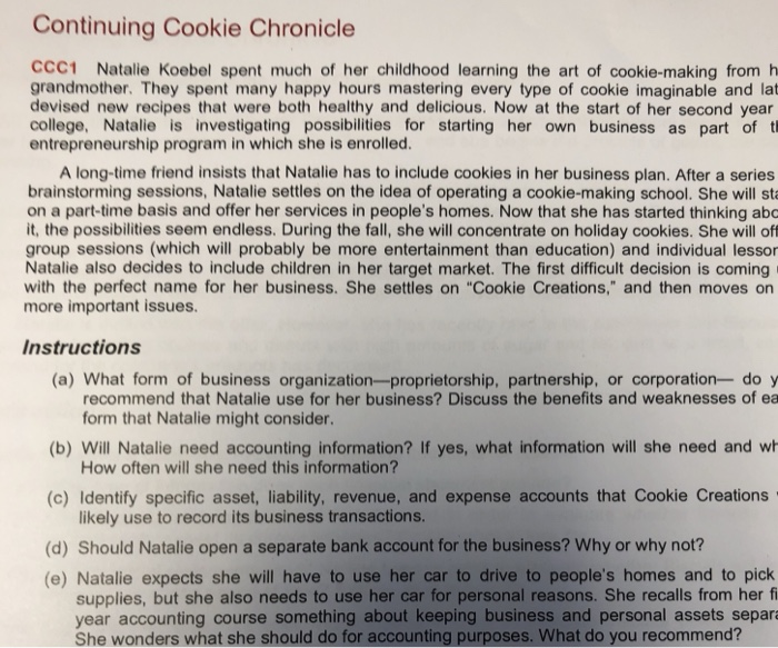 Solved Continuing Cookie Chronicle CCC1 Natalie Koebel spent | Chegg.com