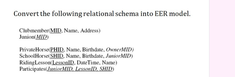 Solved Convert the following relational schema into EER | Chegg.com