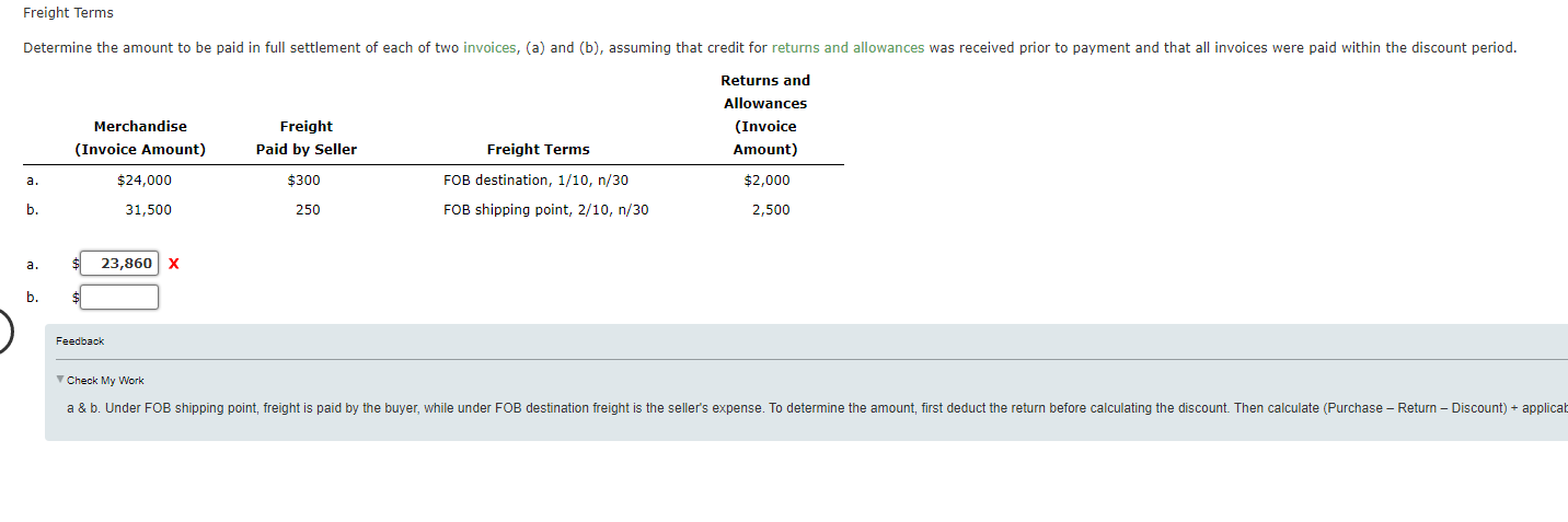 Solved Freight Terms Determine the amount to be paid in full | Chegg.com