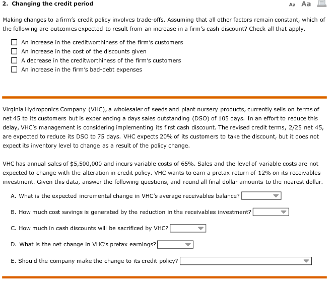 Solved Aa Aa 2. Changing the credit period Making changes to | Chegg.com