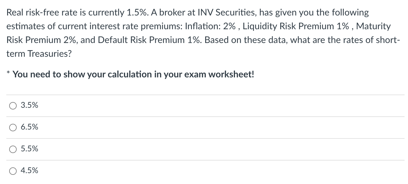 Solved Real risk-free rate is currently 1.5%. A broker at | Chegg.com