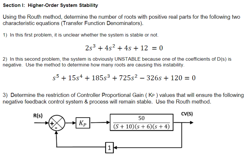 Solved Section 1: Higher-Order System Stability Using the | Chegg.com