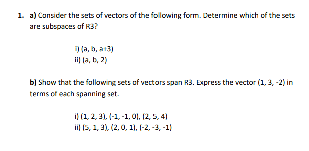 a) Consider the sets of vectors of the following | Chegg.com