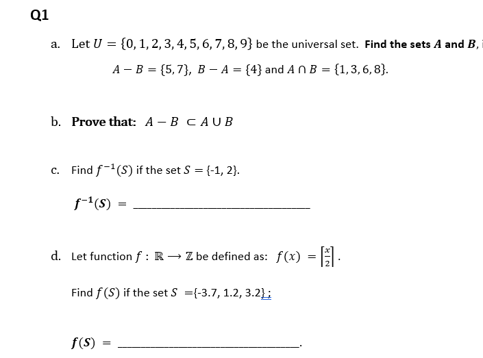 Solved Q1 a. Let U = {0, 1, 2, 3, 4, 5, 6, 7, 8, 9} be the | Chegg.com