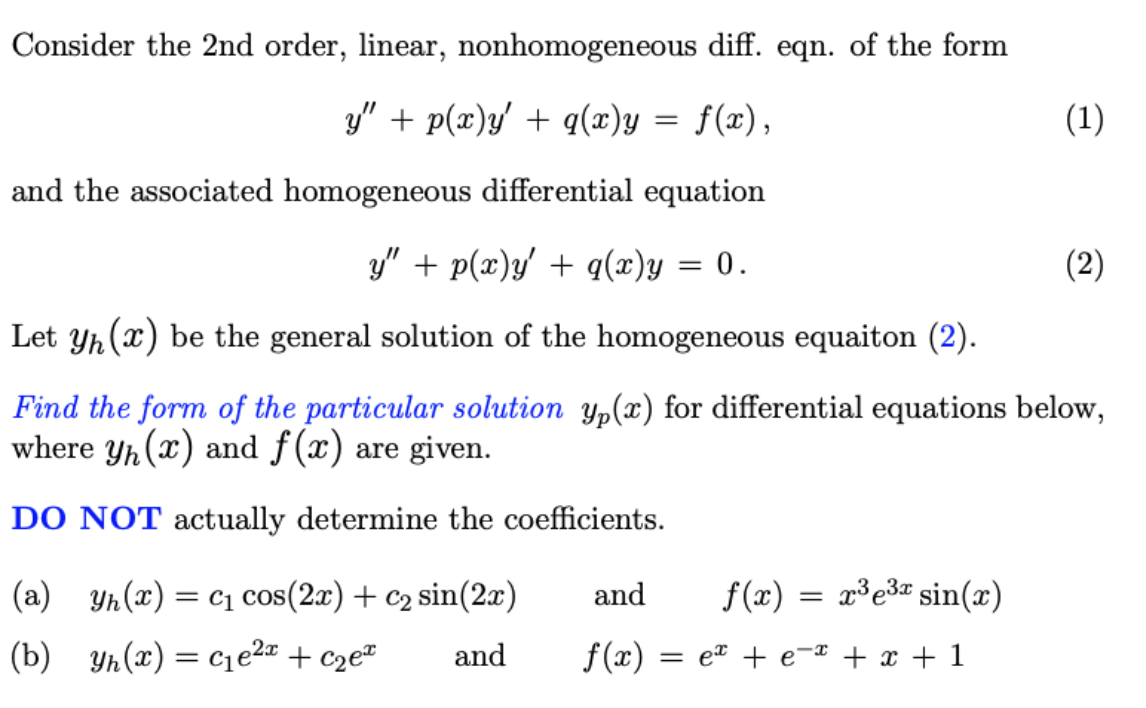 Solved Consider The 2nd Order Linear Nonhomogeneous Diff