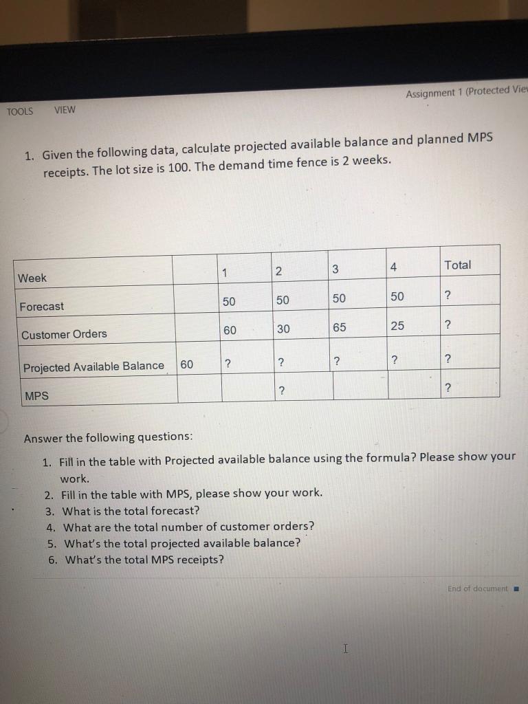 Solved Assignment 1 (Protected View TOOLS VIEW 1. Given the | Chegg.com
