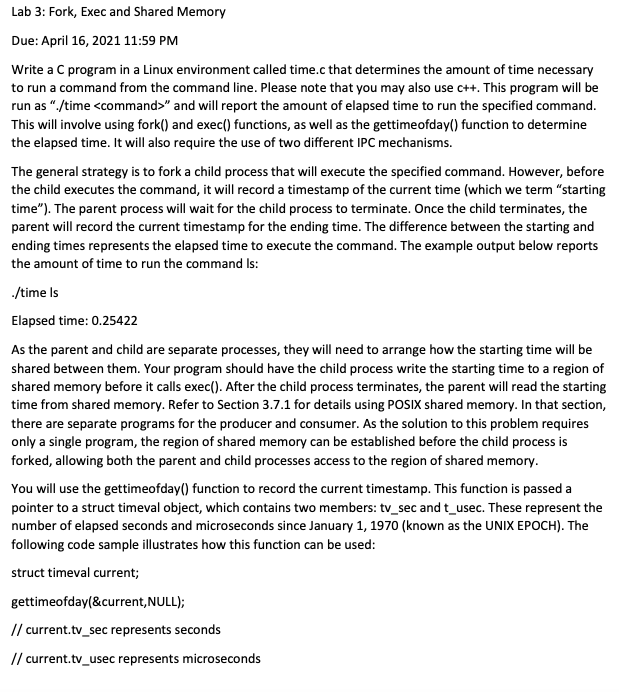 Lab 3: Fork, Exec and Shared Memory Due: April 16, | Chegg.com