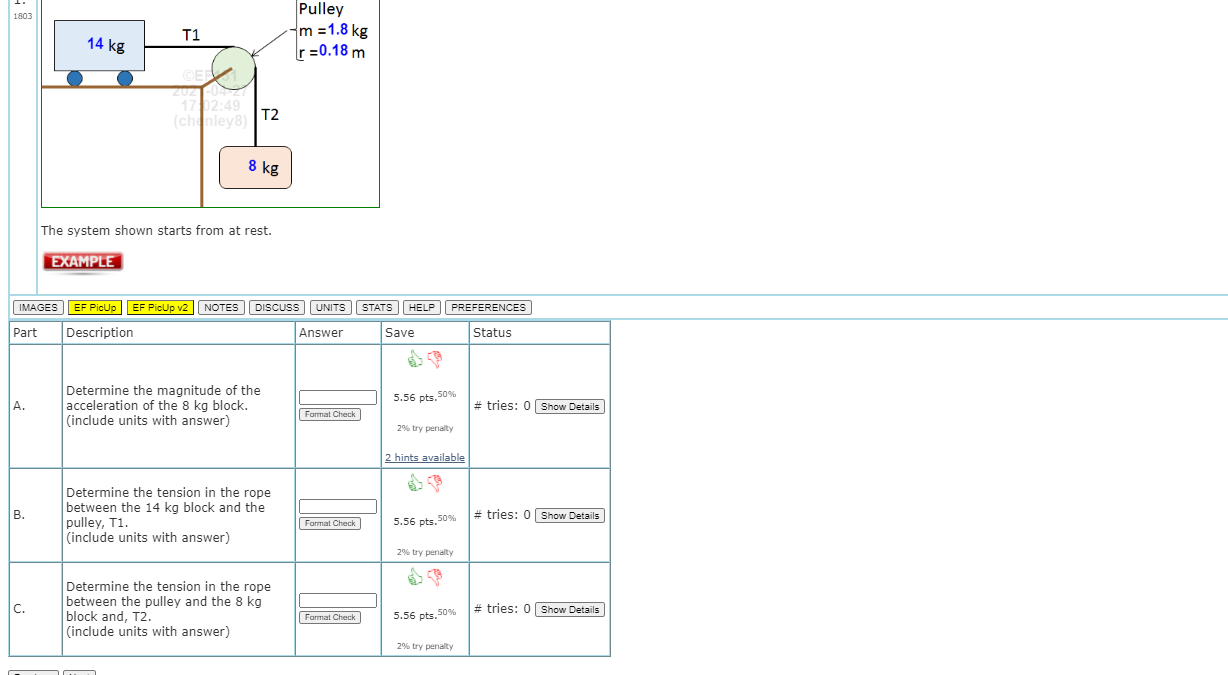 Solved 1803 T1 Pulley m = 1.8 kg r =0.18 m 14 kg 1:49 Ich | Chegg.com