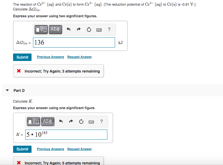 Solved The reaction of Cr3+ (aq) and Cr(s) to form Cr2+ | Chegg.com
