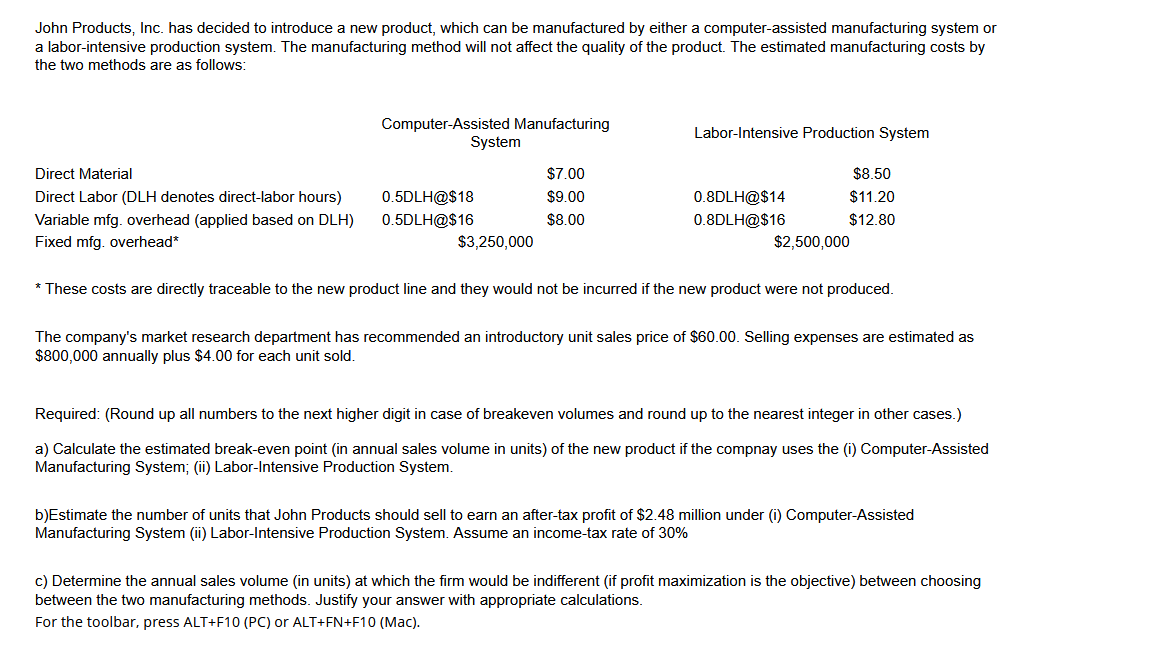 Solved John Products, Inc. has decided to introduce a new | Chegg.com