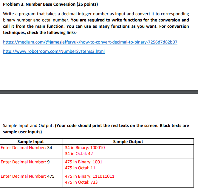Solved Problem 3. Number Base Conversion (25 points) Write a | Chegg.com