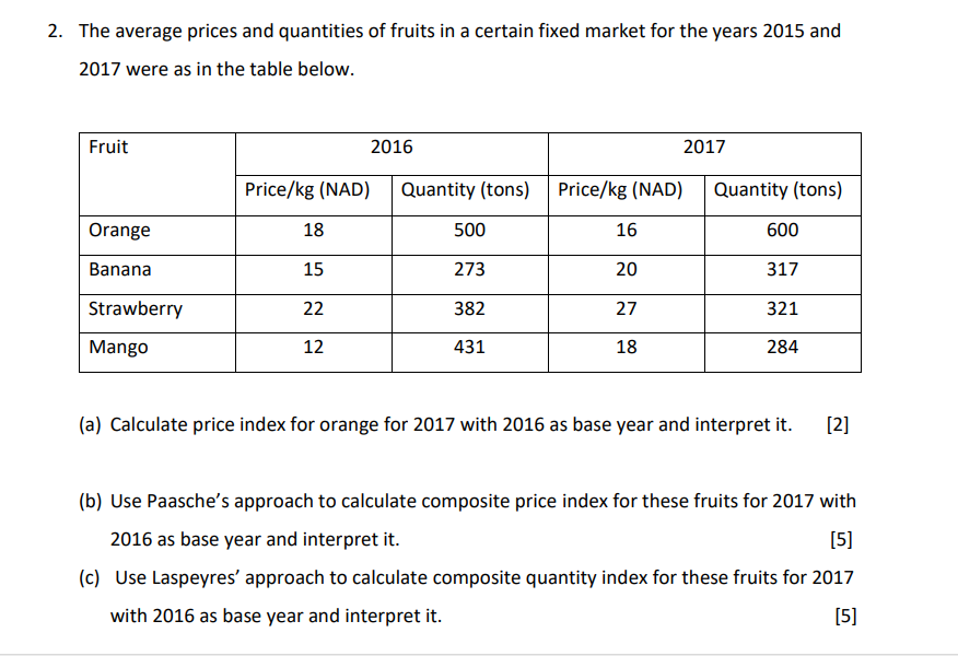 Solved 2. The average prices and quantities of fruits in a | Chegg.com