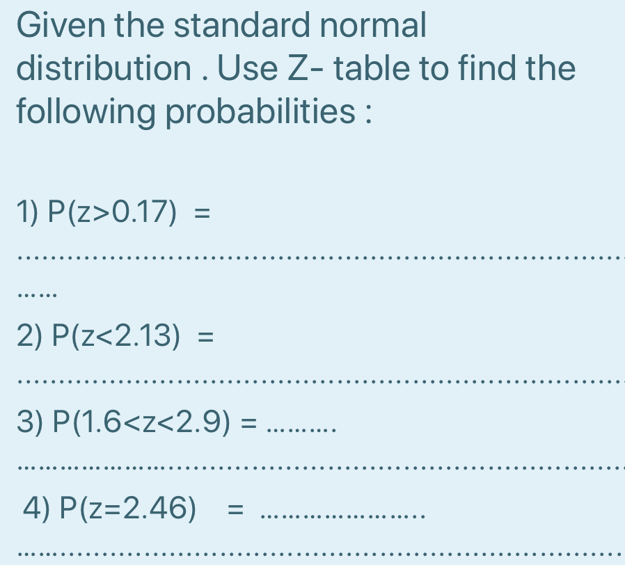 Solved Given the standard normal distribution. Use Z- table | Chegg.com