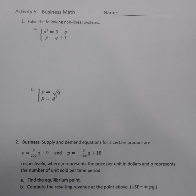Solved Activity 5 - Business Math Name: 1. Solve the | Chegg.com