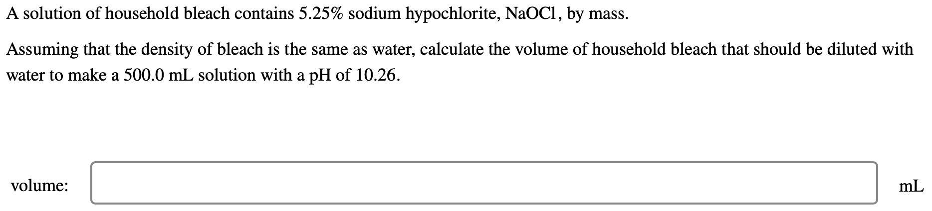 Solved A solution of household bleach contains 5.25% sodium | Chegg.com