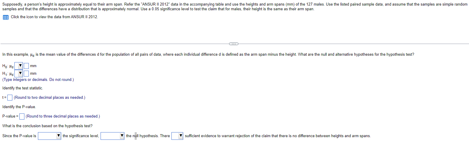 Click the icon to view the data from ANSUR II 2012. | Chegg.com