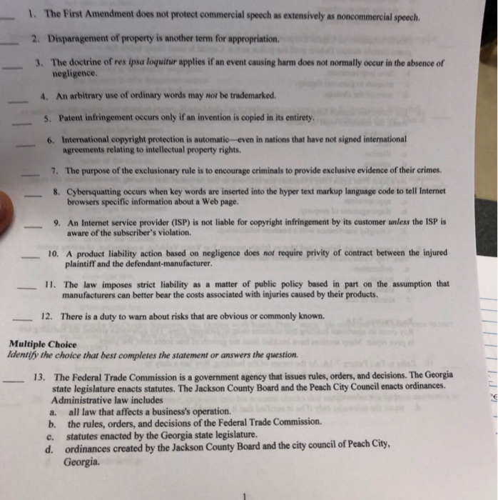 Solved 1. The First Amendment does not protect commercial | Chegg.com