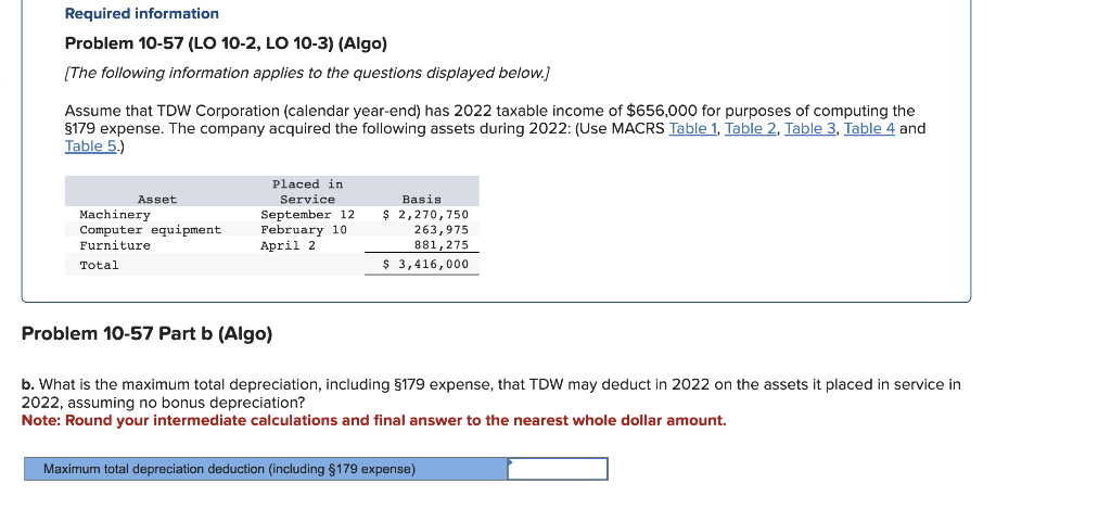 Required information Problem 10-57 (LO 10-2, LO 10-3) | Chegg.com
