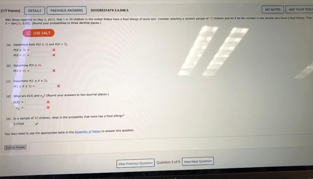 Solved [1/7 Points] DETAILS PREVIOUS ANSWERS DEVORESTAT9 | Chegg.com