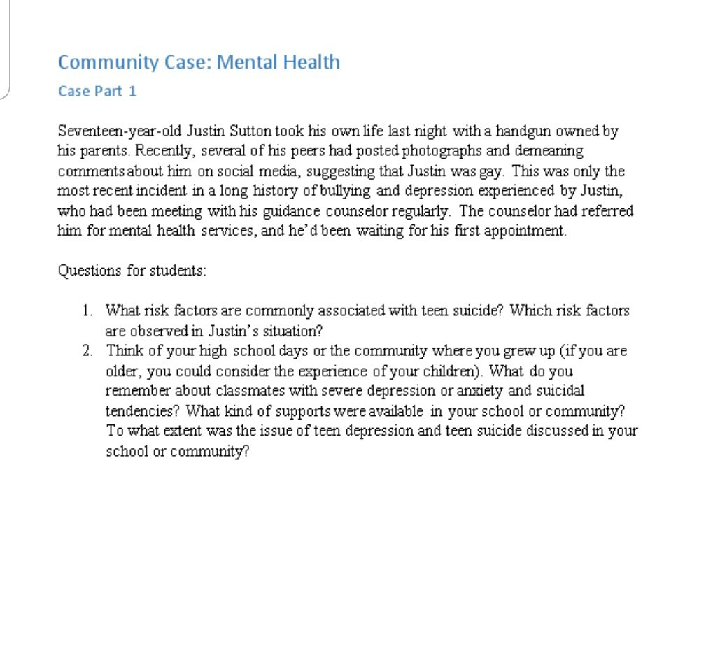 Solved Community Case: Mental Health Case Part 1 | Chegg.com