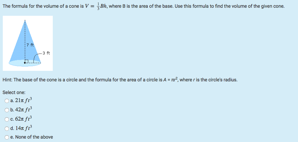 Solved The formula for the volume of a cone is V = Bh, where | Chegg.com