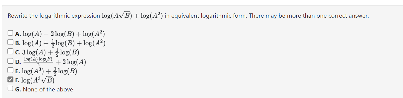 Solved Rewrite the logarithmic expression log(AB)+log(A2) in | Chegg.com