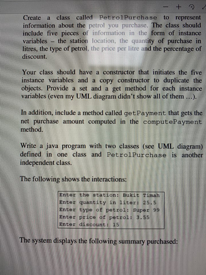 Solved + Create a class called Petrol Purchase to represent | Chegg.com