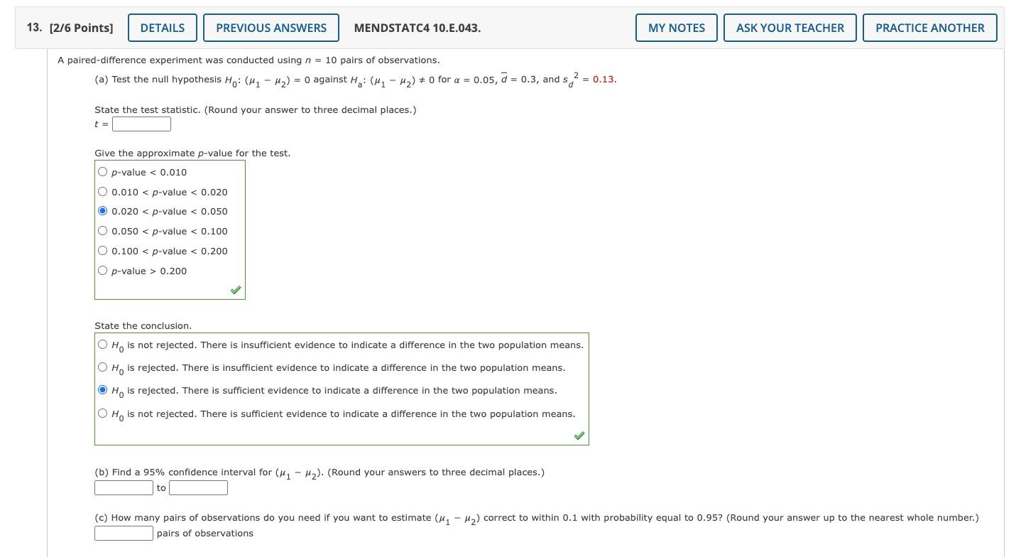 Solved paired-difference experiment was conducted using n=10 | Chegg.com