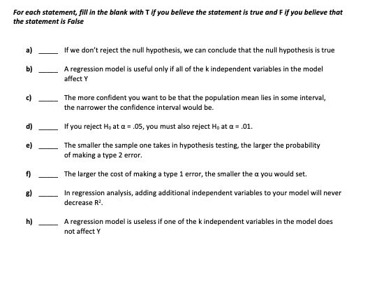 Solved For each statement, fill in the blank with Tif you | Chegg.com