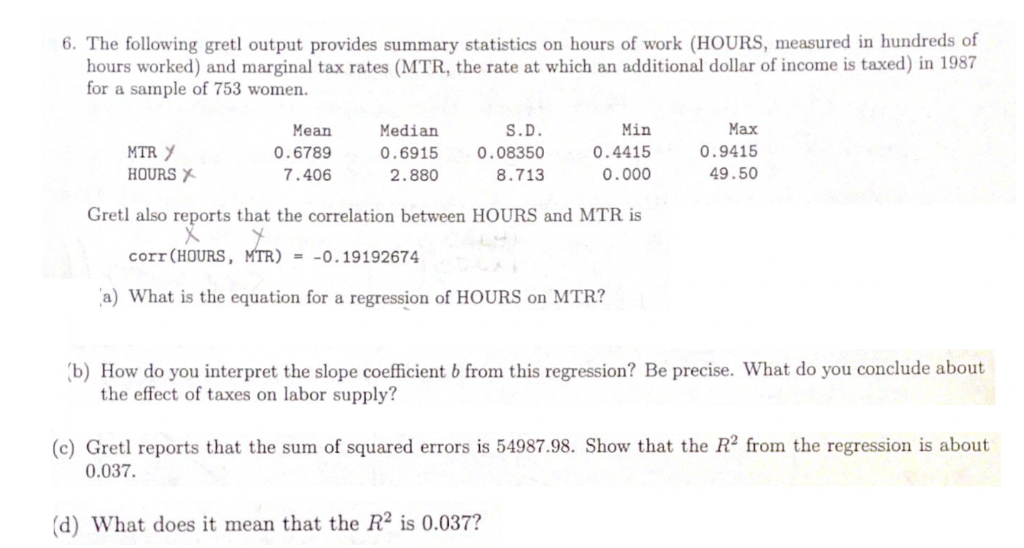 6. The following gretl output provides summary | Chegg.com