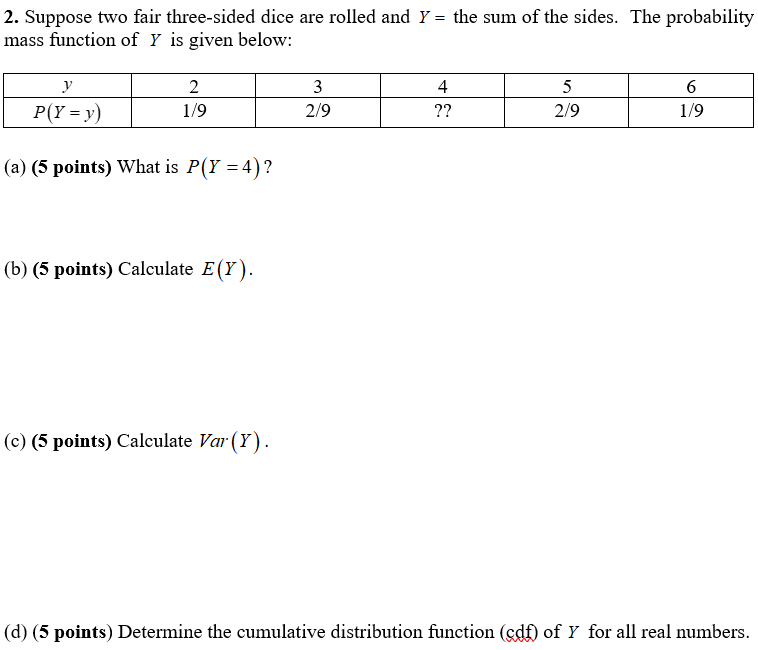 Solved 2. Suppose two fair three-sided dice are rolled and Y | Chegg.com