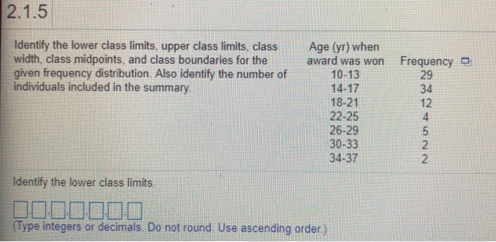 Solved Identify the lower class limits, upper class limits, | Chegg.com